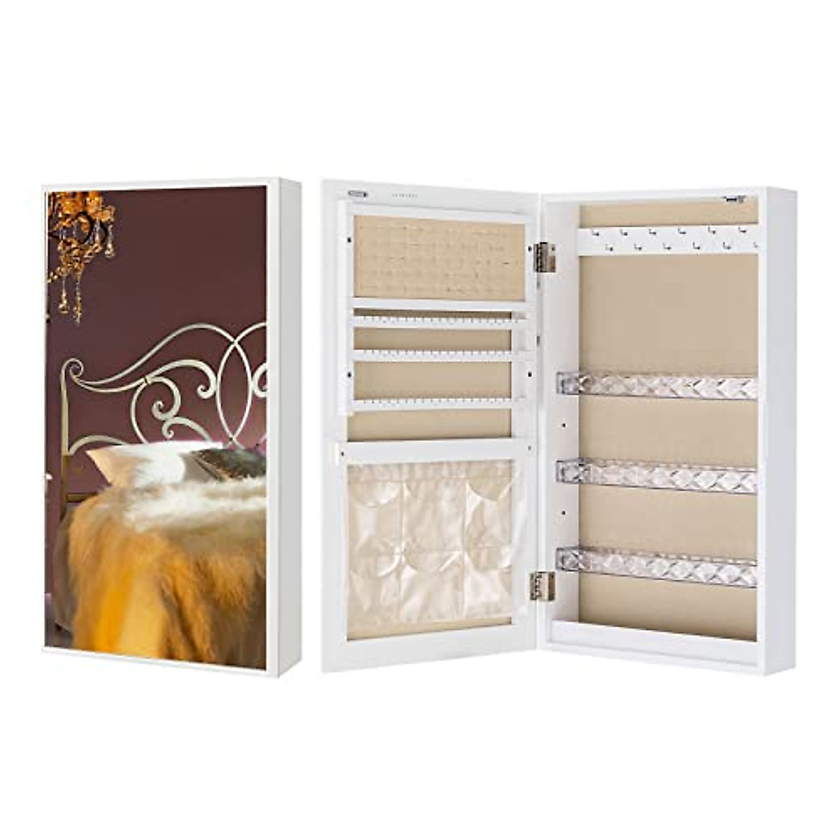 LUXFURNI Small Mirror Jewellery Cabinet Wall-Mount/Door-Hanging Armoire, Lightweight Storage Organizer