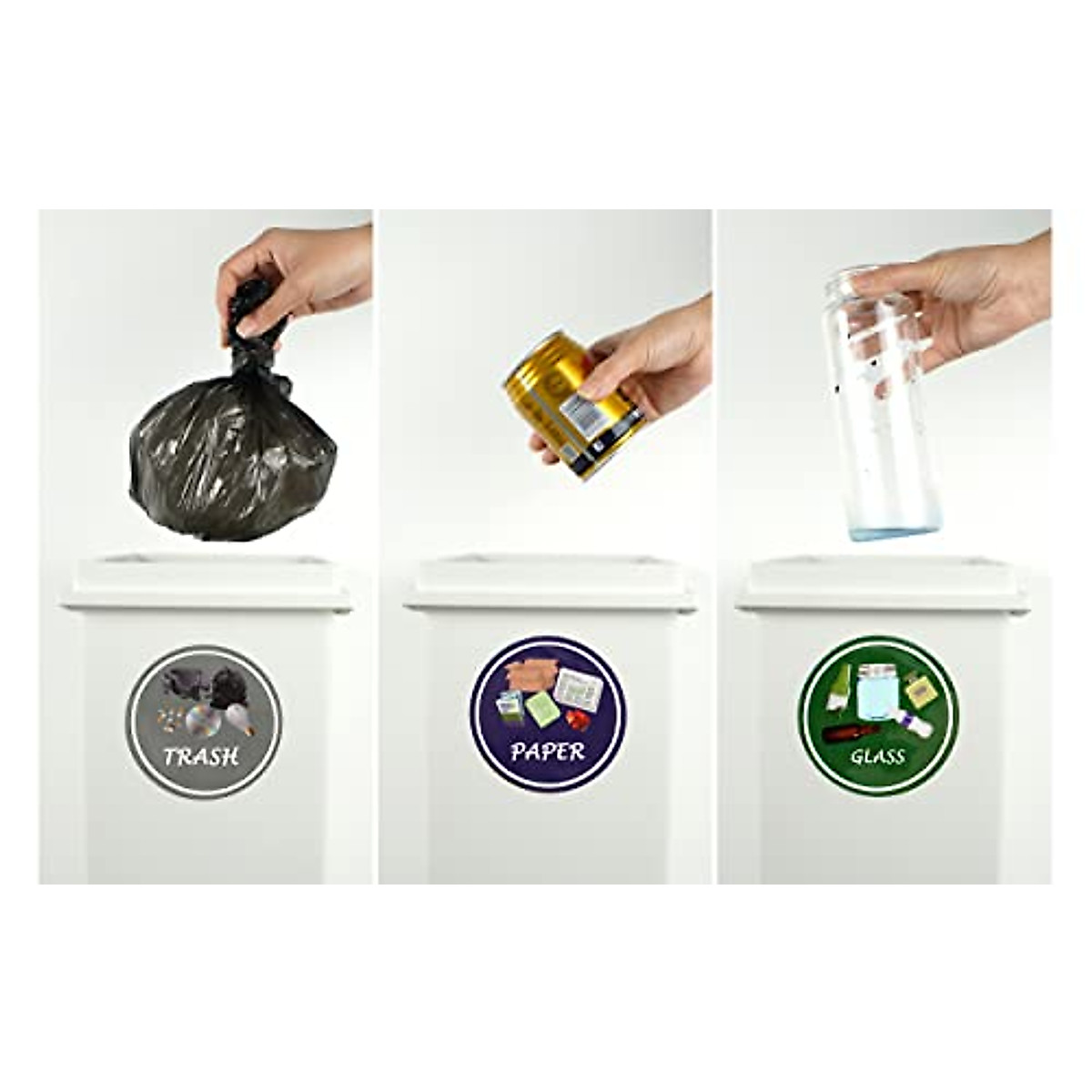 Set 6 Recycle Sticker for Trash Can Bins, Waterproof Anti-UV Strong Adhesive, Signs Decals Paper Glass Plastic Metal Trash Food Waste - Diam. 3.86"