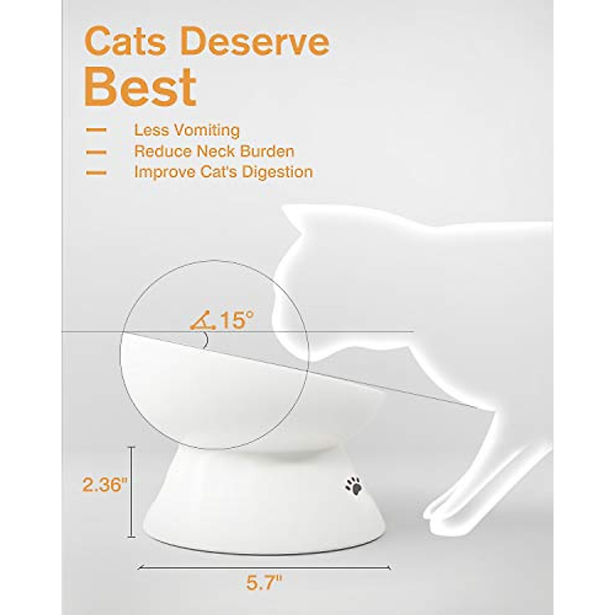 immaculife Ceramic Raised Cat Food Bowl, Slanted Cat Dish, Tilt Angle Protect Cat's Spine, Stress Free, Backflow Prevention