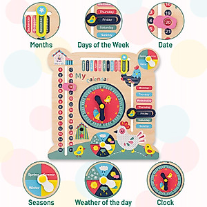 SMILE A WHILE Montessori Wooden Toys Kids Calendar Teaching Clock for Kids Learning to Tell time Great for Circle time Learning Center All About Today Board Weather and Days of The Week for Kids