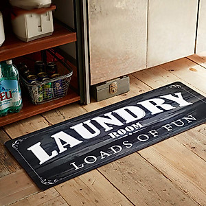 USTIDE 20X60 Black Laundry Room Rug, Non-Skid Anti Fatigue Laundry Room Mats Loads of Fun Home Decor Black White Kitchen Carpet