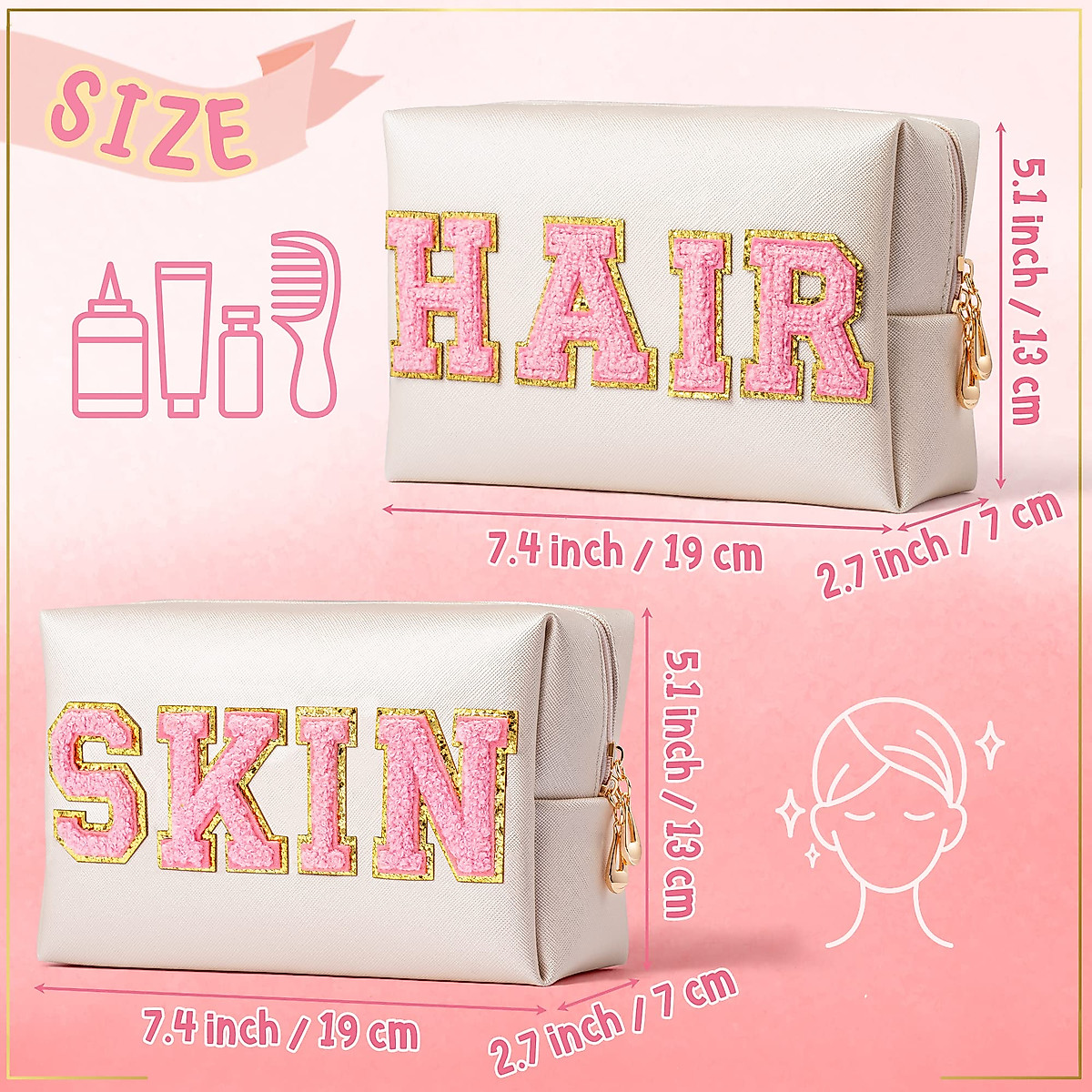 Y1tvei 2Pcs Preppy Patch SKIN HAIR Varsity Letter Cosmetic Toiletry Bag Pink Letter Makeup Bag Zipper Pouch Storage Portable Purse Waterproof Travel Organizer Gift for Women Teen Girls (Shell Gold)