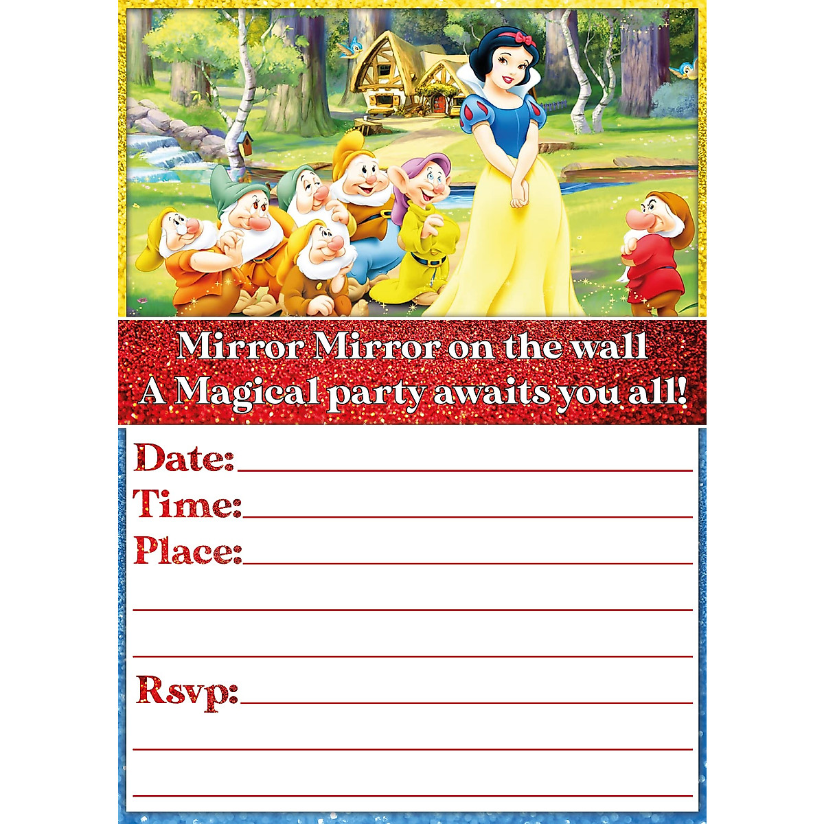 Set of 20 Snow White -Themed Happy Birthday Invitation Cards & Envelopes - Lightweight (240g), Postcard Style Invites for the Perfect Party Pack