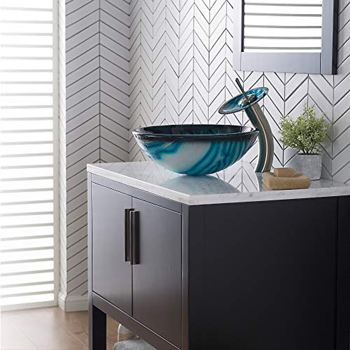 AUS Nature Series™ Blue Glass Bathroom Vessel Sink and Waterfall Faucet Combo Set with Matching Disk and Pop-Up Drain, Satin Nickel Finish