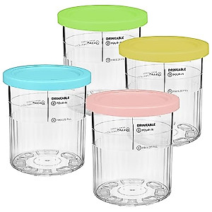 Ice Cream Containers Replacement Pints and Lids 24oz for Ninja Creami Compatible with NC500 NC501 Deluxe BPA-Free Dishwasher Safe Airtight Leaf-Proof 4 Pack Pink Green Blue Yellow