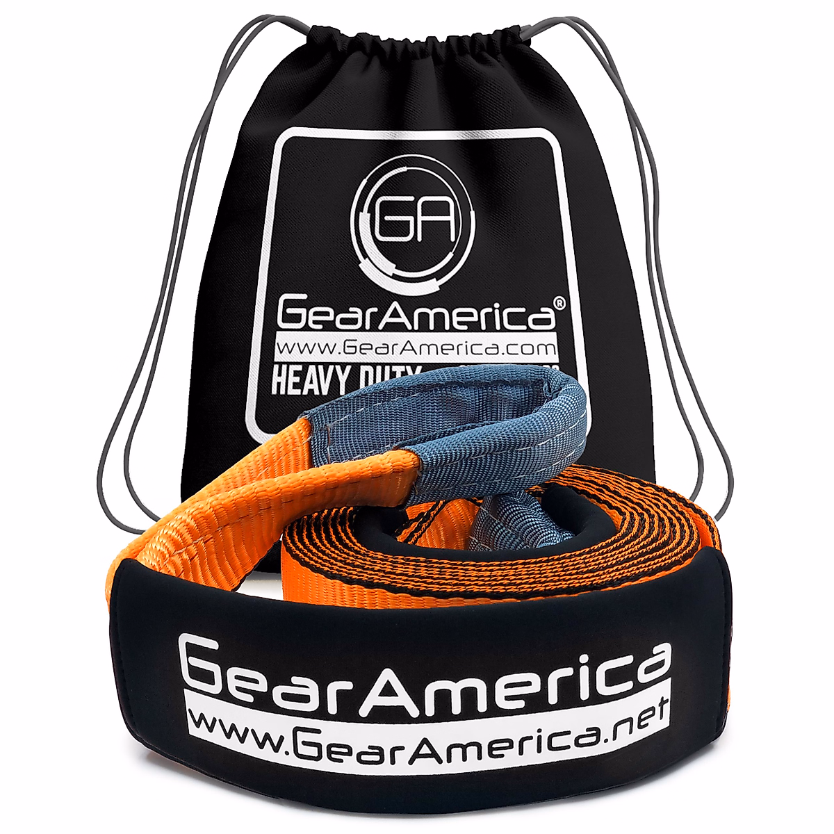 GearAmerica Tow Straps Heavy Duty with Loops 3" x 20' – 35,053 lbs Break Strength – Emergency Off Road Towing Rope & Winch Extension – Triple Reinforced Loops, Protective Sleeves & Storage Bag