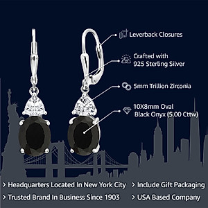 Gem Stone King 925 Sterling Silver Black Onyx and White Zirconia Dangle Earrings For Women (5.00 Cttw, Gemstone December Birthstone, Oval 10X8MM, Trillion 5MM)