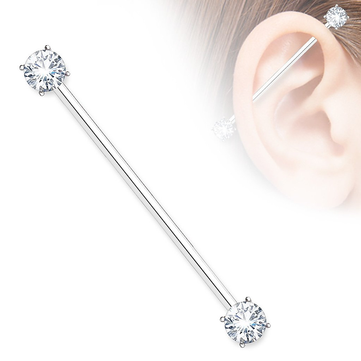 Pierced Owl 14GA 316L Surgical Steel Round CZ Crystal Industrial Barbell (Silver Tone)