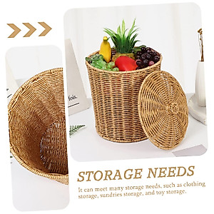 ORFOFE Storage Basket with Lid Organizer with Lid Storage Baskets with Lid Round Basket Rattan Waste Basket Bedroom Storage Basket Wicker Waste Basket Tabletop Basket Laundry Hamper Pp