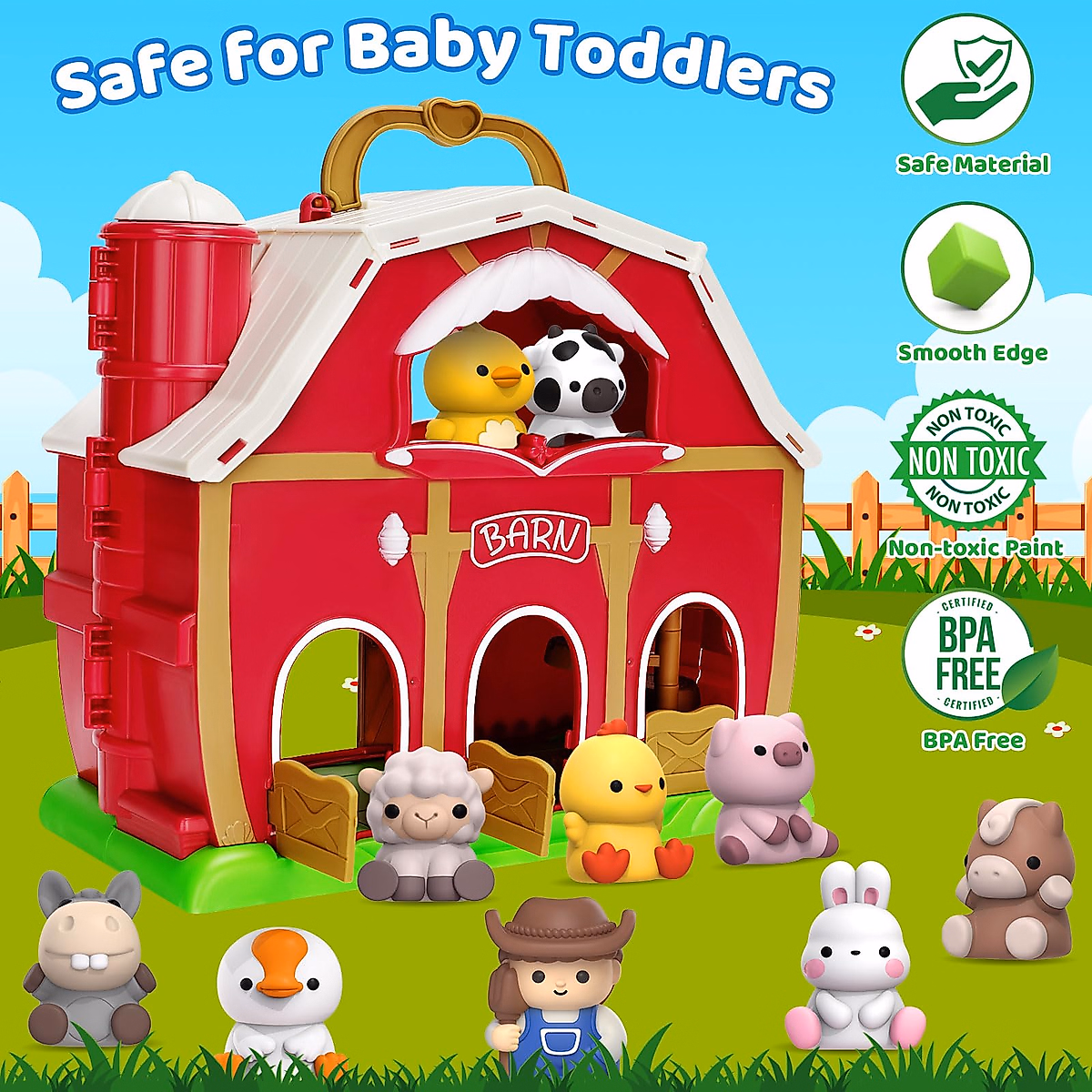 Aigybobo Farm Animals Big Barn Toys for 1 2 3 Year Old, Toddler Montessori Learning Toy, Farm Playset with Animal Figures and DIY Stickers, Christmas Birthday Gift for Baby Boys Girls Age 12-18 Months