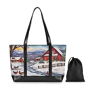 Snowy Christmas Painting Farmhouse Laptop Tote Bag for Women Canvas Teacher Tote Bags Travel Work Bag Handbags Purse Zipper