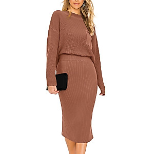 PRETTYGARDEN Womens 2024 Fall Two Piece Outfits Ribbed Knit Long Sleeve Pullover Sweater And Bodycon Midi Skirt Sets (Brown,Large)