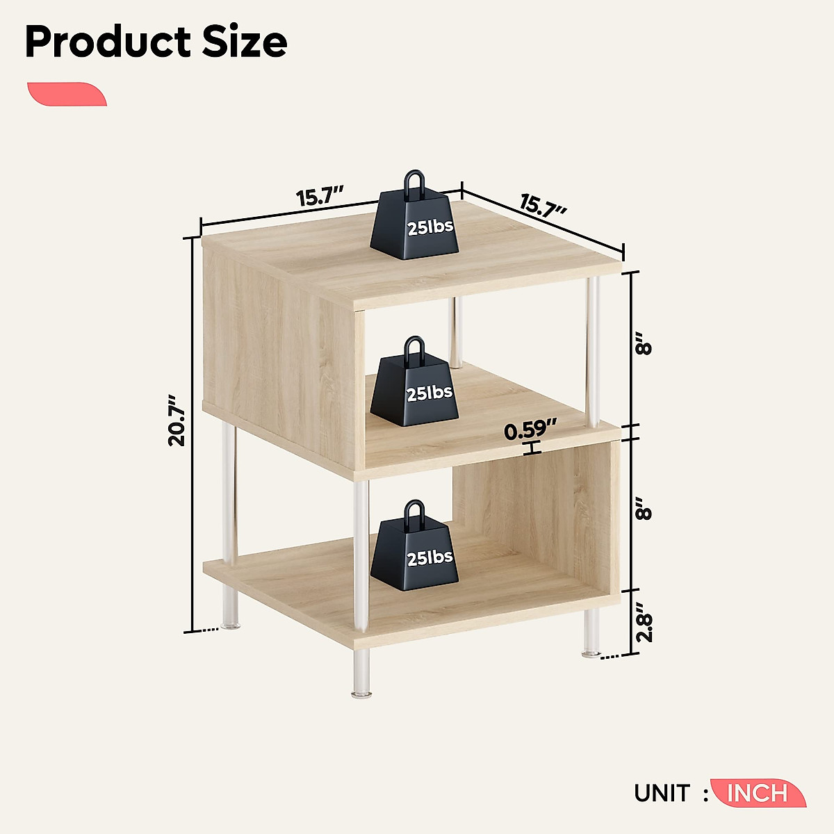 Bestier Night Stand, End Table S-Shaped Side Table with Storage Shelf, 3 Tier Sofa Table for Living Room, Bedside Tables for Bedroom, Small Tables for Small Spaces (Light Oak, 15.8 Inch)