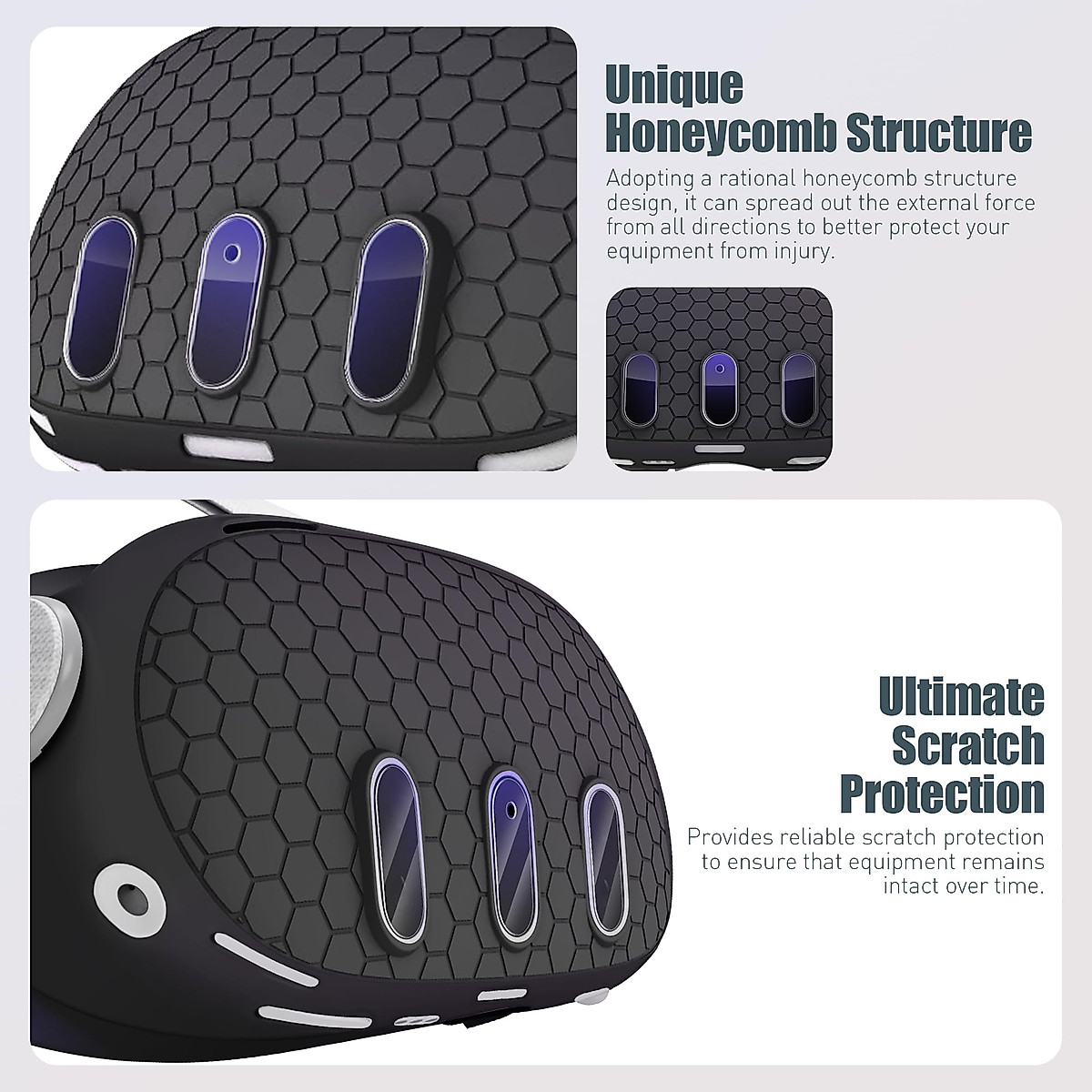 Orzero Soft Silicone Headset Cover Compatible for Quest 3, with 2 Sets 6 Packs Tempered Glass Camera Lens Protector Anti-Drop Strong Protection VR Gaming Accessories - Black