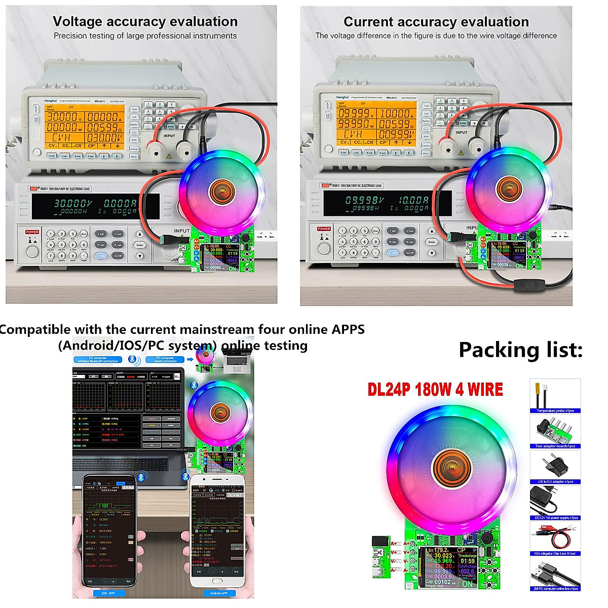 180W Electronic Load Tester 2.4 inch DC Tester APP Electronic Adjustment Constant Load Lithium 4-Wire Battery Capacity Monitor Discharge Charge Power Meter Supply Checker