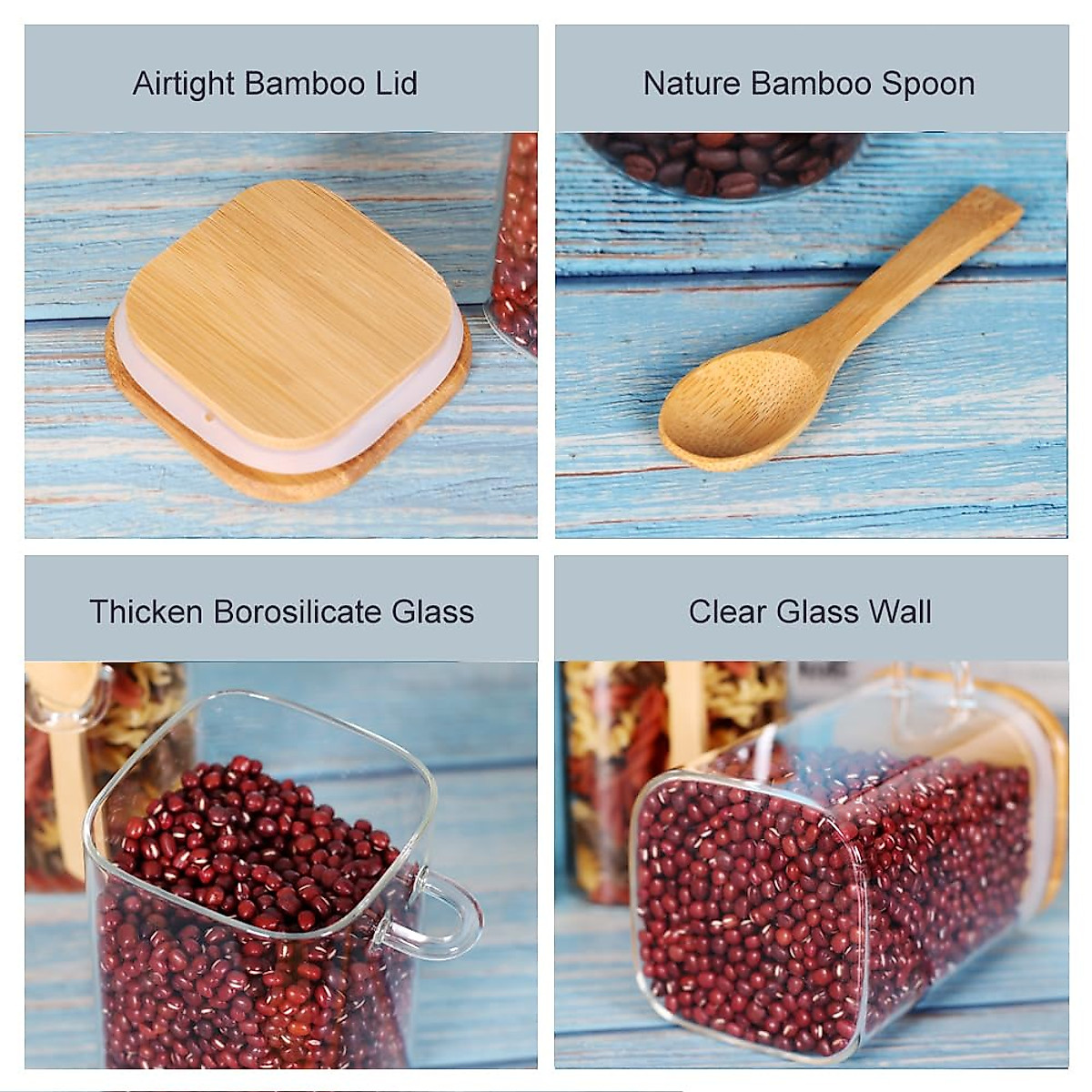 LEAVES AND TREES Y Set of 6 Square Glass Jars with Bamboo Lids and Spoons, 17 OZ Airtight Small Glass Tea Containers for Loose Tea, Coffee and Sugar Glass Container for Yogurt Jars with Lids