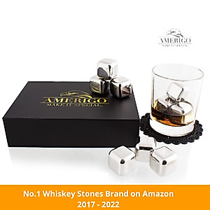 𝗕𝗘𝗦𝗧 𝗚𝗜𝗙𝗧: Exclusive Whiskey Stones Gift Set - High Cooling Technology - Reusable Ice Cubes - Stainless Steel Whisky Rocks - Whiskey Gifts for Men - Regalos para Hombre - Coasters + Ice Tongs