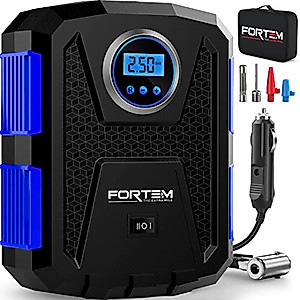FORTEM Tire Inflator Portable Air Compressor 150 PSI, Bike Pump, 12V Electric Air Pump for Car Tires and Bicycles w/LED Light, Digital Tire Pressure Gauge w/Auto Pump/Shut Off, Carrying Case (Blue)