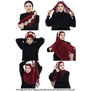 Aisha's Design Chiffon Hijab Shawl for Women Muslim, Turban Scarf with Lace Accessories, Off-White-Silver