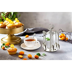 Decorative Swan Base Holder with 6 Spoons, Teaspoons, Coffee Dessert Spoons Set for Fruit, Stirring, Mixing, Sugar, Ice Cream, Cake (Silver)