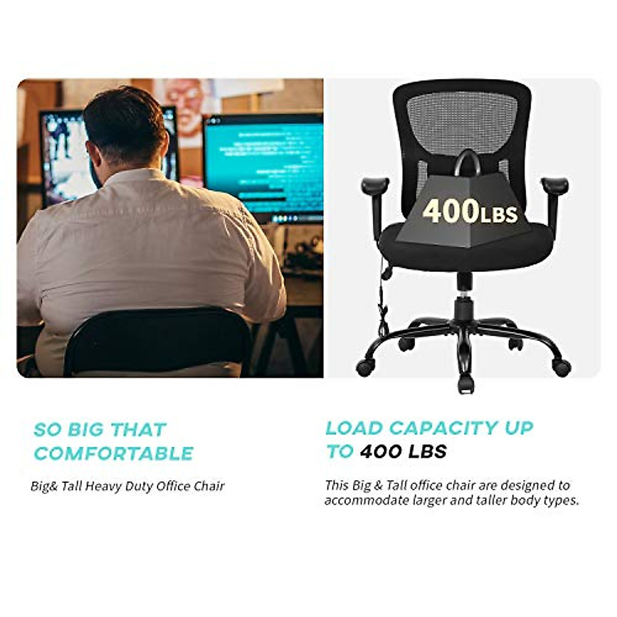 Big and Tall Office Chair 400lbs Wide Seat Mesh Desk Chair Massage Rolling Swivel Ergonomic Computer Chair with Lumbar Support Adjustable Arms Task Chair for Heavy People