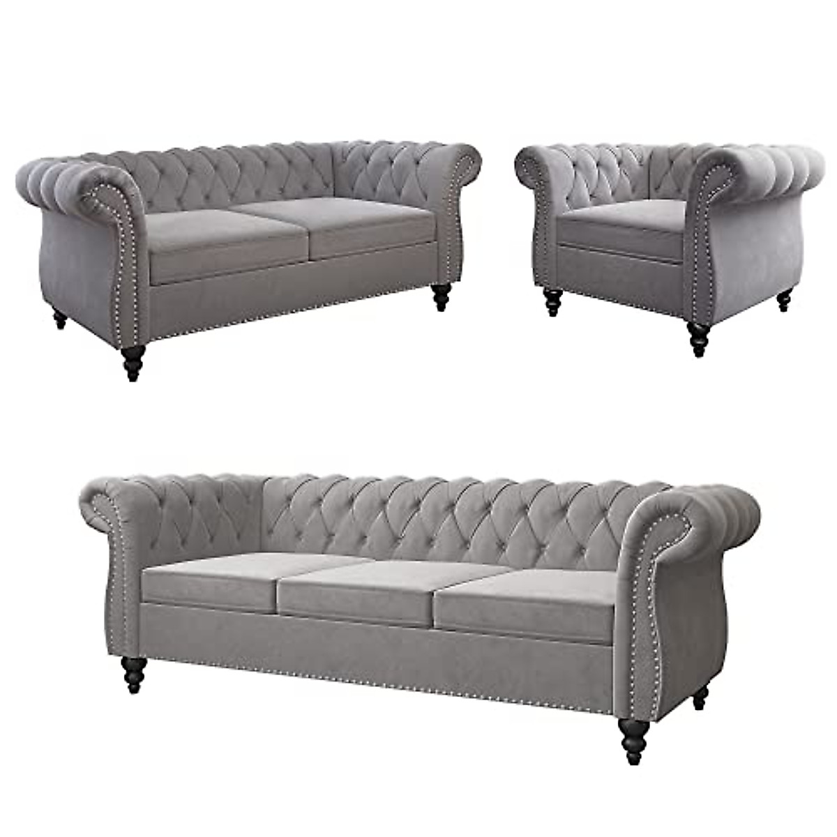 PHOYAL 3 Piece Living Room Set, Chesterfield Velvet Sofa Loveseat Couch Chair with Scroll Arms and Nailhead for Living Room, Office (Grey, 1-2-3)