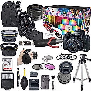 Canon EOS M50 Mirrorless Digital Camera with 15-45mm Lens Video Kit (White) + Wide Angle Lens + 2X Telephoto Lens + Flash + SanDisk 32GB SD Memory Card + Accessory Bundle (Renewed)