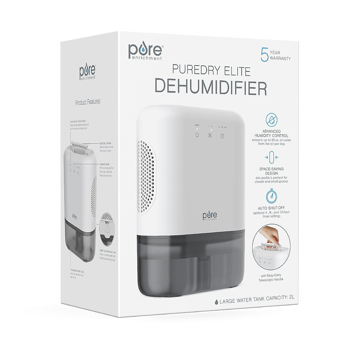 Pure Enrichment® PureDry™ Elite Dehumidifier – Extra-Large 2L Water Tank with Auto Shut-Off, Removes 20 oz. (600 mL) per day of Moisture from Closets, Bathrooms, RVs, Basements, Bedrooms, and Offices