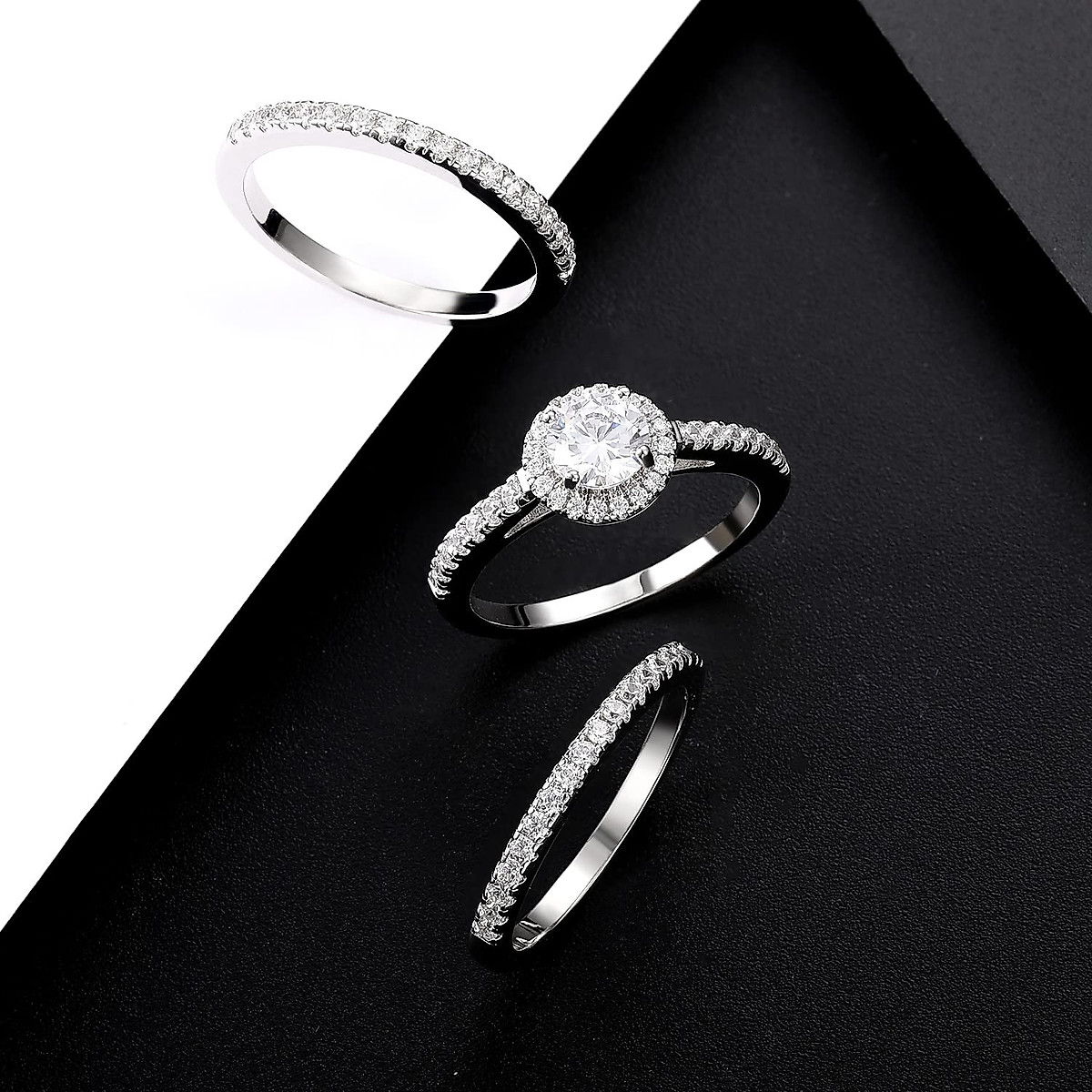 MDFUN Three-in-One Round Halo Wedding Band Set Engagement Ring 18K White Gold Plated Cubic Zirconia Promise Eternity Ring for Women Size 8