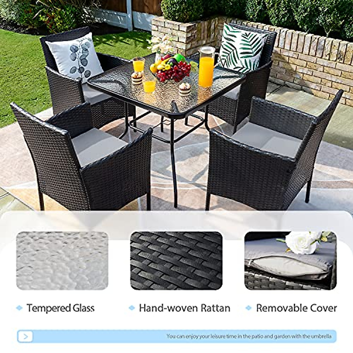 Flamaker Outdoor Furniture 5 Pieces Patio Furniture Set Patio Dining Set Patio Chairs and Table with Umbrella Hole (Grey)