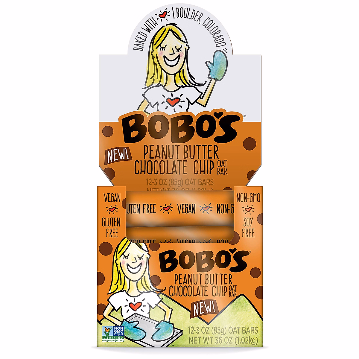 Bobo's Oatmeal Bars, Peanut Butter Chocolate Chip, Gluten Free Vegan Whole Grain Oat Bars, Pack of 12