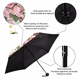 ALAZA Pink Rose White Flowers Floral Folding Umbrella for Rain Sun Travel Mini Lightweight Compact Umbrellas