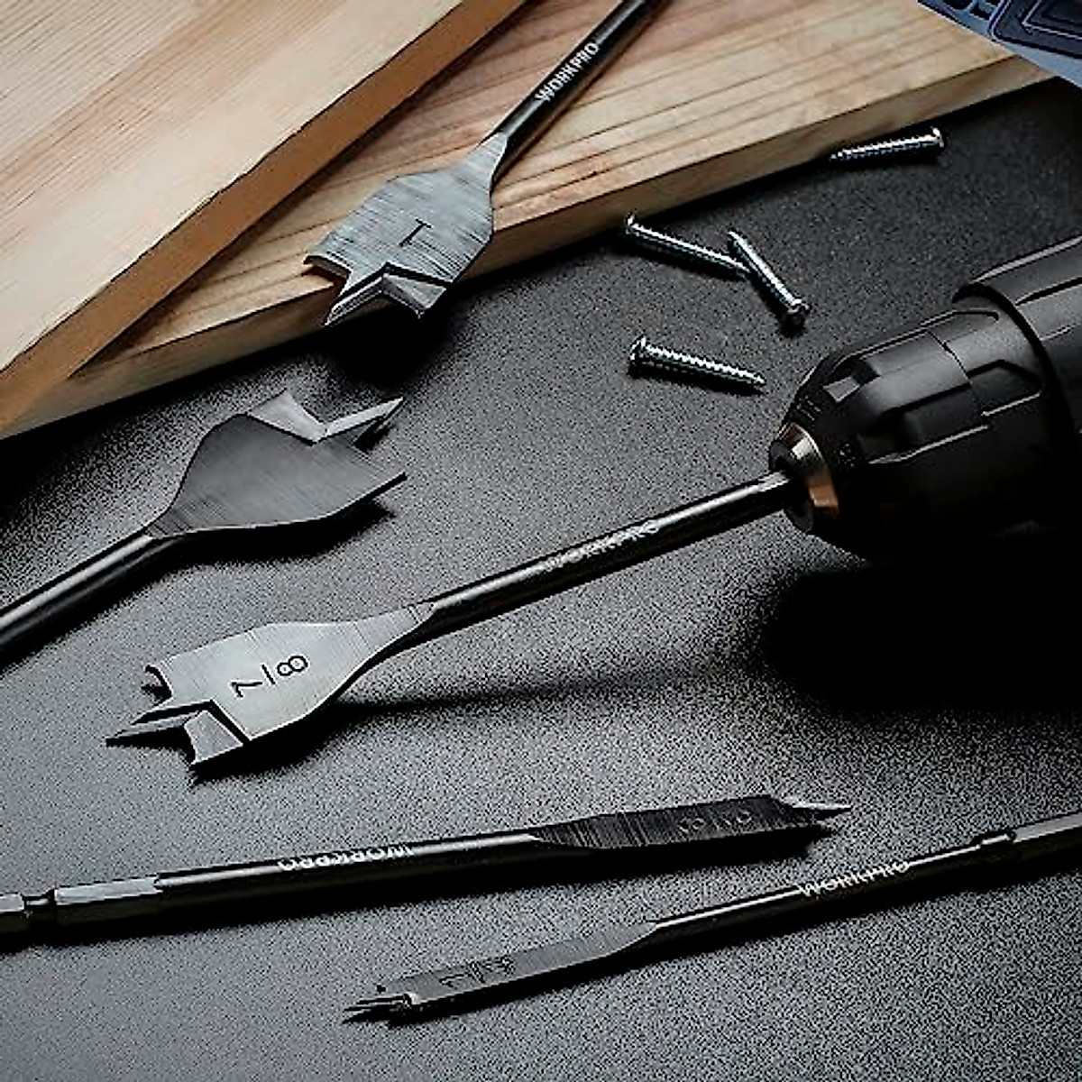 WORKPRO 10-Piece Pro Spade Drill Bit Set- Black Coating, Premium Carbon Steel, Paddle Flat Bits for Woodworking, Assorted Bits 1/4" to 1-1/2" with Storage Case