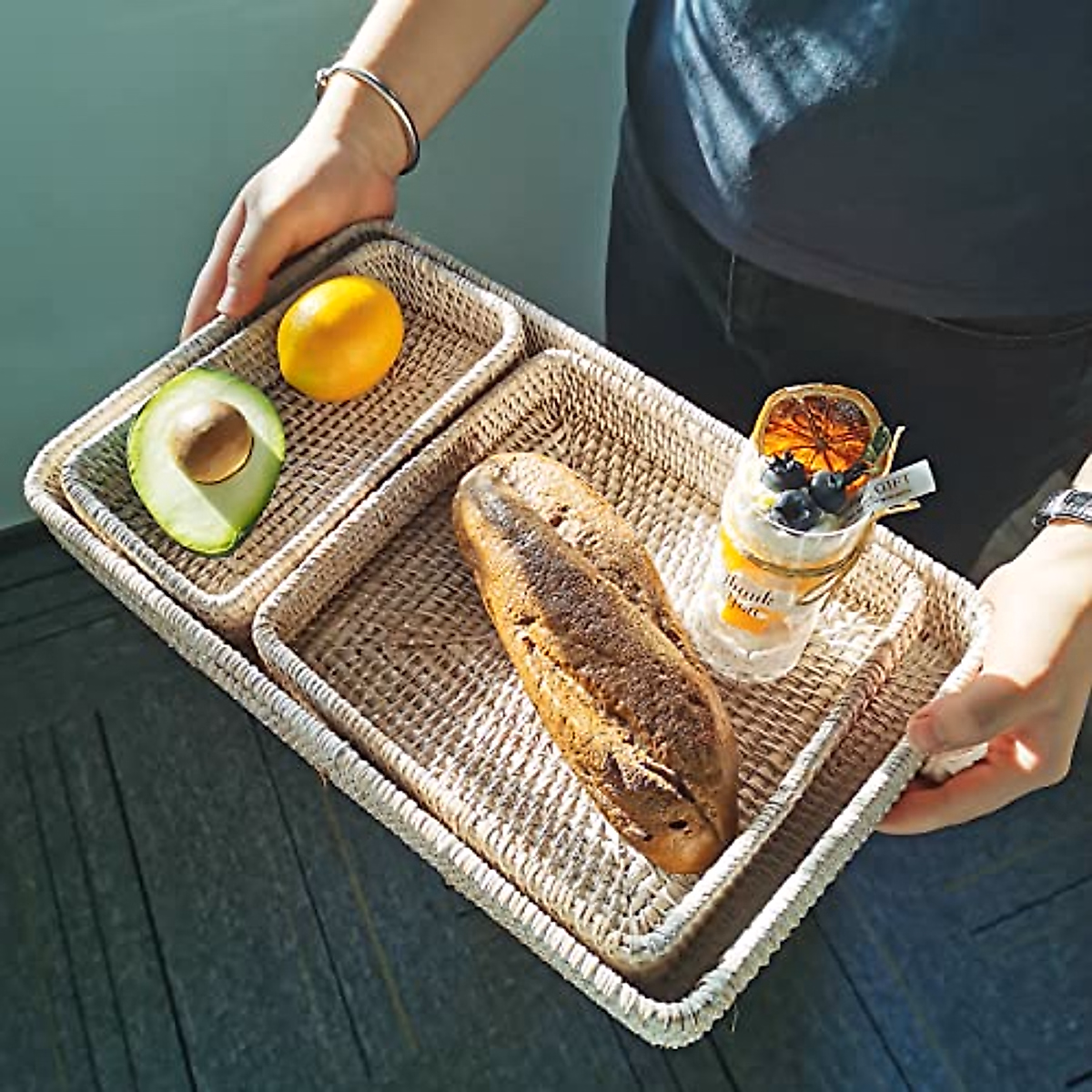 Set of 3 Handmade White Rattan Rectangle Serving Tray Washed White Wicker Serving Organizer Tabletop Fruit Platter with 2”Wall 14 Inch Decorative Bread Drinks Snack Storage Serving Basket Tray