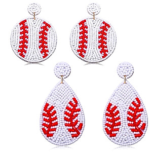 2 Pairs Beaded Baseball Earrings Sports Earring for Women Statement Game Team Sports Ball Dangle Drop Earrings Theme Party Jewelry Gifts (Style A)