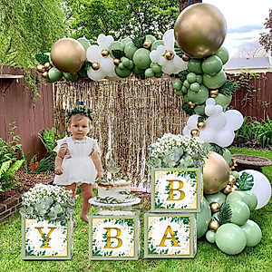GOGOPARTY Sage Green Baby Shower Boxes, 4PCS Sage Green Gender Reveal Party Supplies Sage Green Party Centerpiece for Sage Green Baby Shower First Birthday Decorations (Without Flowers)