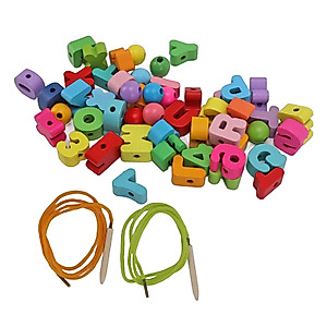 51Pcs Wooden Lacing Beads, Alphabet Letters Numbers Threading String Toys Preschool Fine Motor Skills Toy for Kids Boys Girls