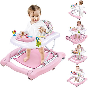 5 in 1 Foldable Baby Walker, Activity Baby Walker-Baby Bouncer, Rocker, Activity Center,Seat and Push Walker,Detachable Trampoline Mat, Adjustable Speed Rear Wheels and Height,Ages 6-18 Months(Pink)