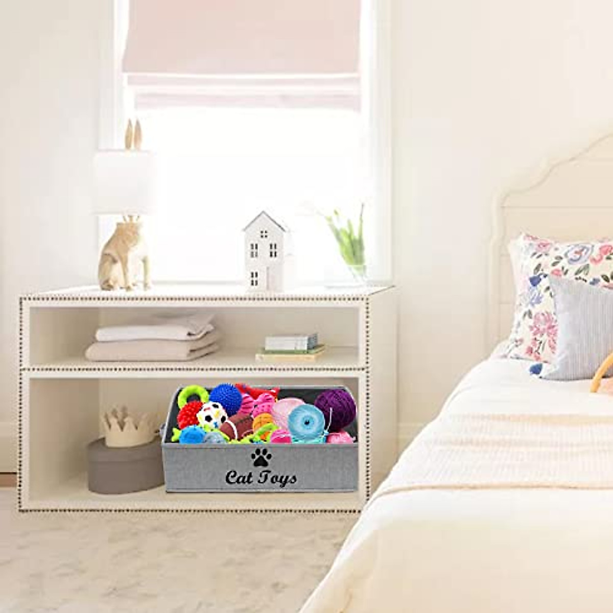 Geyecete Large cat Toy Box Storage Box - Foldable Cotton and Linen Trapezoid Organizer Boxes with Handle, Collapsible Basket for cat Toys-CAT-Striped Gray