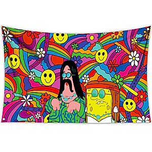 Hippie Sponge Flag, 3x5 Ft Funny Flags for Dorm Room Decor Guys, Sponge Bob Man Cave Flags for Indoor and Outdoor