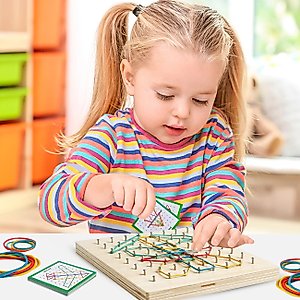 Wooden Geoboard with Rubber Bands Graphical Math Pattern Blocks Geo Board - Montessori Educational Toy for Kids with Pattern Cards and Rubber Bands Create Figures Shape STEM Puzzle Matrix Brain Teaser