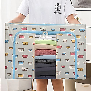 F.P.L Foldable Storage Box Organizer with Reinforced Handle Steel Frame Oxford Cloth Storage Bag Storage for Clothes Blankets Comforters Bedding(66L) (Blue Bear-66L)