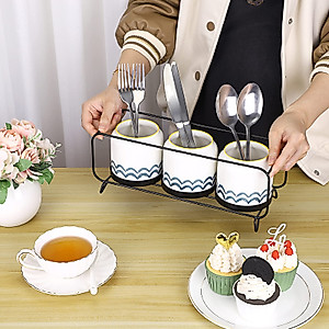 JUXYES Set of 3 Ceramic Flatware Holder for Countertop, Desktop Silverware Organizer Utensil Holder With Black Metal Rack, Flatware Caddy Cutlery Holder Silverware Organizer for Kitchen Dining Tables