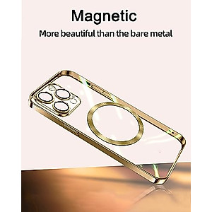 Uxinuo Magnetic Matallic Glossy Clear for iPhone 14 Pro Max Phone Case with Full Camera Cover Protection [N52 Magnets] [Military Grade Drop Protection] for Women Girls Phone Case (6.7") Golden