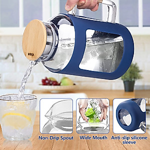 WINSA Glass Pitcher with Lid and Spout, 64oz Water Pitcher with Wide Handle, Silicone Sleeve & Bamboo Lid, Tea Pitcher for Fridge Water, Milk, Juice(Navy)
