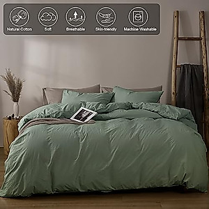 PHF 100% Cotton Duvet Cover California King Size, 3pcs Washed Cotton Linen Like Comforter Cover, Soft Breathable Durable Cooling Duvet Cover for Hot Sleepers, 104" x 98", Sage Green