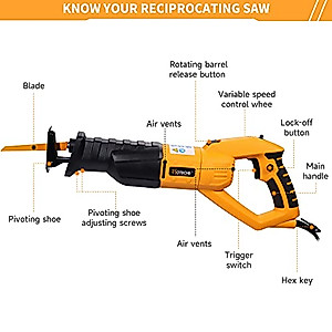 Hoteche Power Reciprocating Saw 7.1-Amp Variable Speed Corded Saw Sawzall for Wood/Metal or PVC Cutting with 3Pcs Saw Baldes