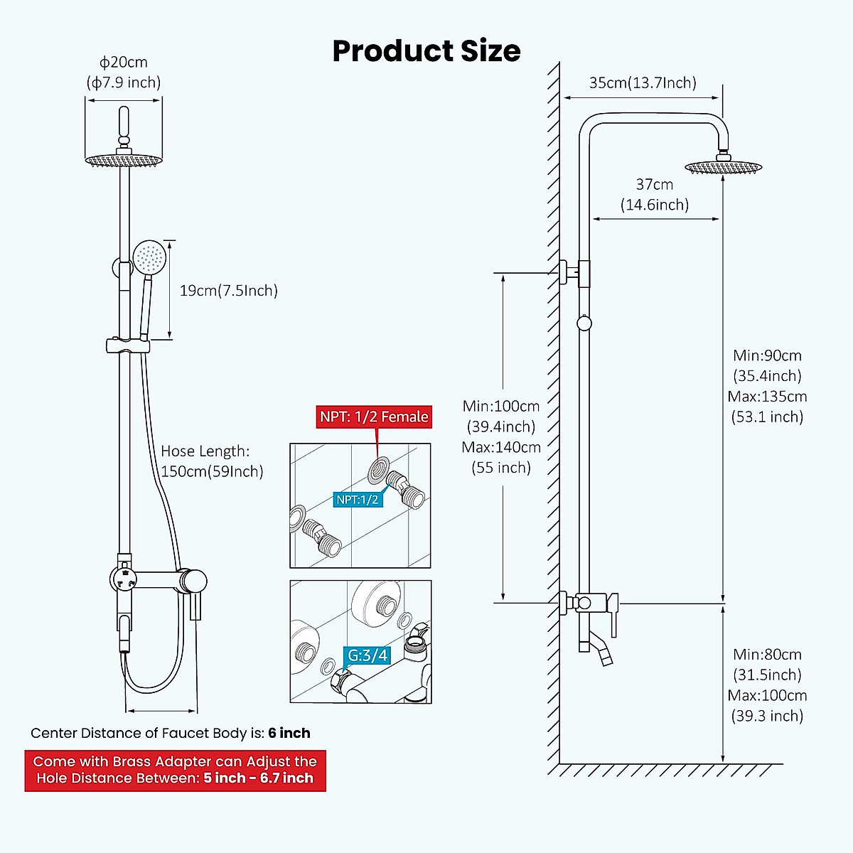 gotonovo Outside Shower Fixture Wall Mount Matte Black SUS 304 Stainless Steel Triple Function with Hand Sprayer and Tub Spout 8 Inch Rainfall Shower Head Shower faucet Set Bathroom Complete Set