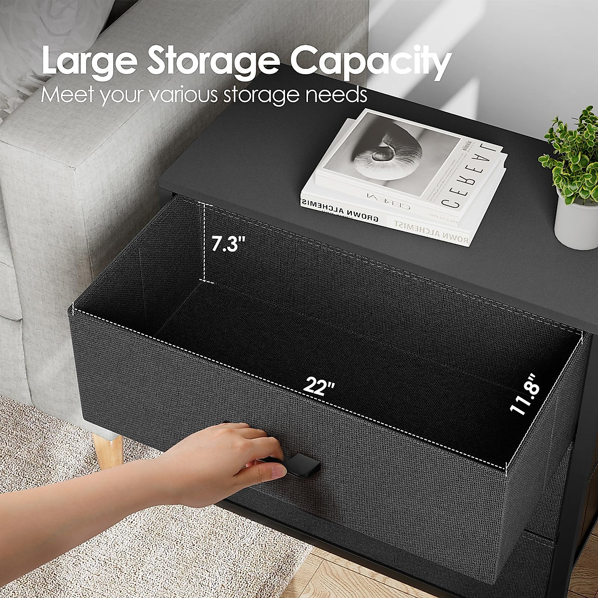 Memobarco Nightstand with 3 Drawers for Bedroom, Storage Dresser with Fabric Drawers and Metal Frame for Closet, Living Room, Bedside Table with Wood Top, Easy Pull Handle, Black