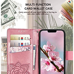 Designed for iPhone 13 Case Wallet for Women,Flip Folio Cover with Butterfly Embossed PU Leather Kickstand Credit Card Holder Slots Magnetic Wrist Strap Protective Phone Case for iPhone 13 (Pink)